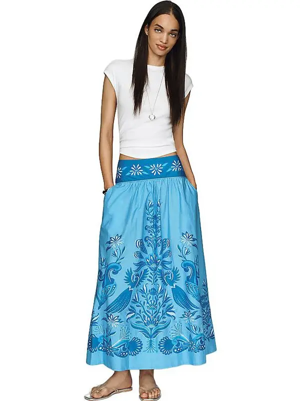 Farm Rio Printed Hibiscus Midi Skirt - Toucans Romance