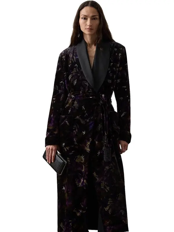 Ralph Lauren Emmit Embellished Floral Velvet Coat - Black/aubergine Multi