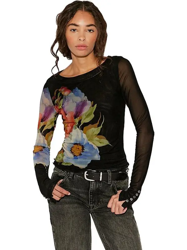Free People Lilly Printed Long Sleeve Top - Black Combo