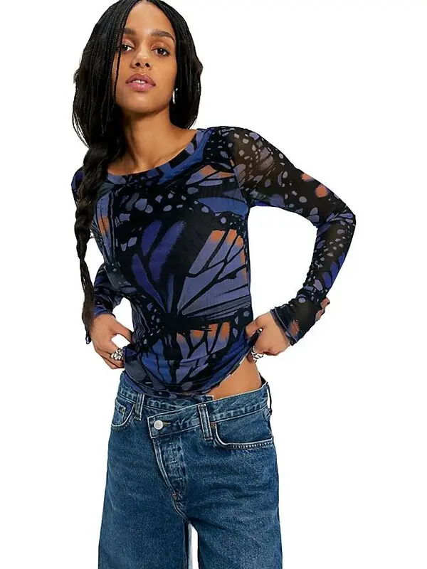 Free People Lilly Printed Long Sleeve Top - Purple Combo