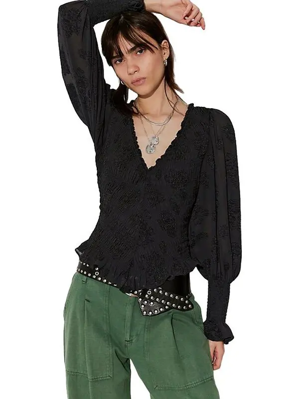 Free People Smocked Long-sleeve Top - Black
