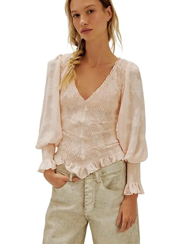 Free People Smocked Long-sleeve Top - Peach Dust Combo