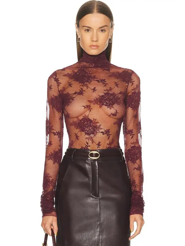Andamane Ziggy Lace Turtleneck Bodysuit - Cabernet