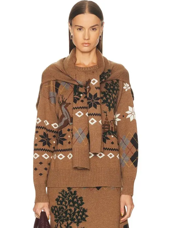 Monse Fair Isle Crewneck Sweater With Detachable Shawl - Khaki
