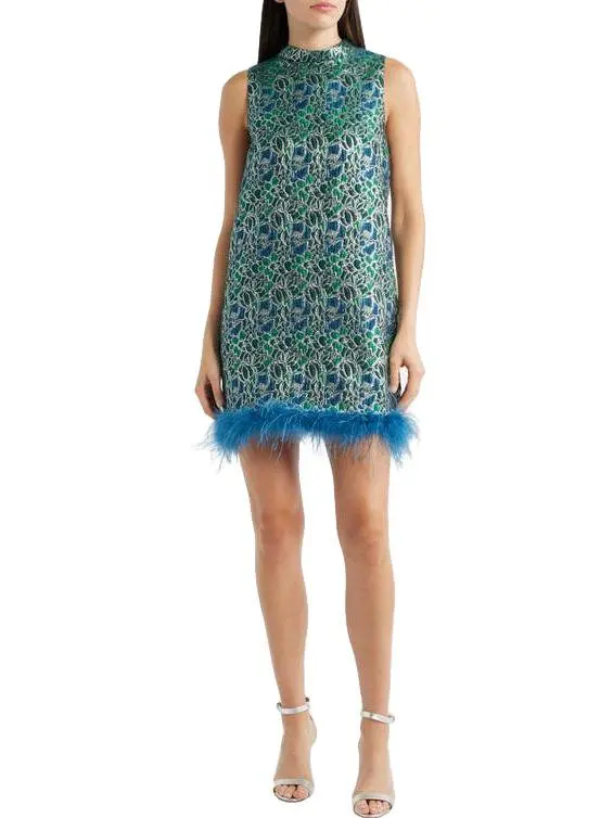 LUCY PARIS Alyssa Jacquard Feather Trim Minidress - Teal