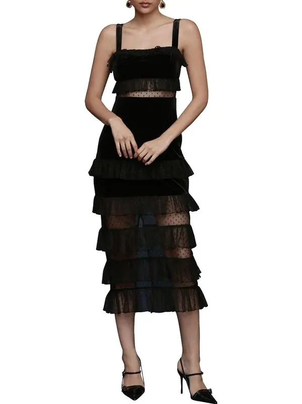 Avec Les Filles Tiered Ruffle Velvet Maxi Dress - Black