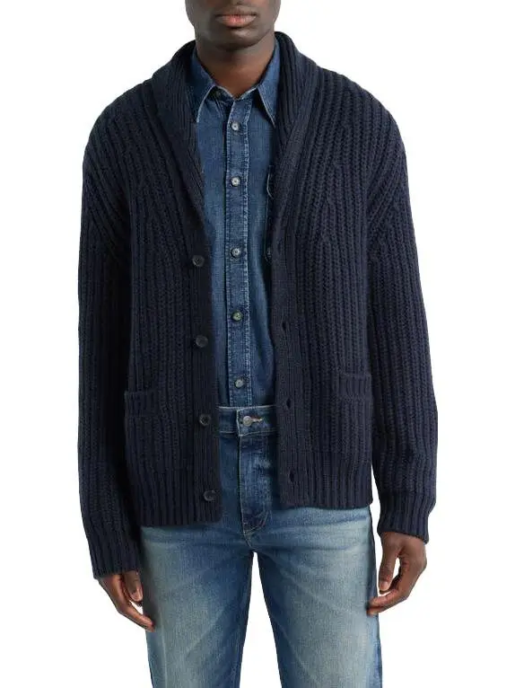 BOSS Horace Shawl Collar Ribbed Wool & Cashmere Cardigan - Dark Blue
