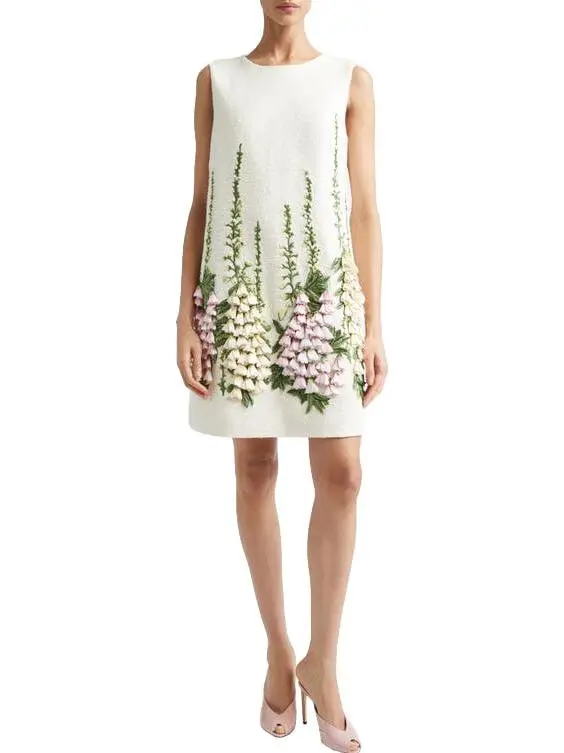 Oscar De La Renta Floral Embroidered Tweed Shift Dress - Ivory