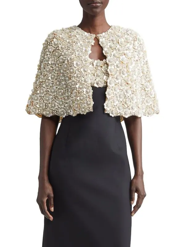 Oscar De La Renta Floral Embroidered Cape - Silver