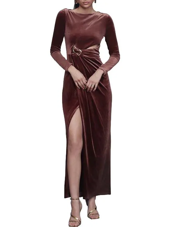 Avec Les Filles Pleated Cutout Velvet Maxi Dress - Chocolate Brown