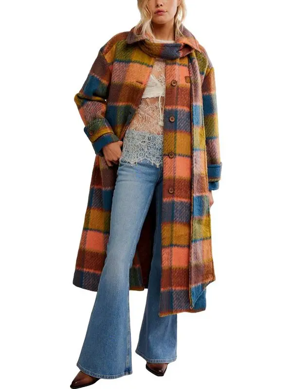 Free People Dalton Plaid Wool Coat - Coral
