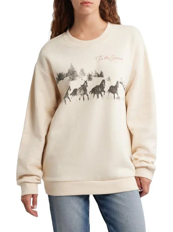 GOLDEN HOUR Horses Graphic Fleece Sweatshirt - Sandshell