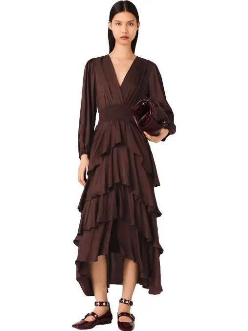 Maje Flowy Ruffled Maxi Dress - Brown