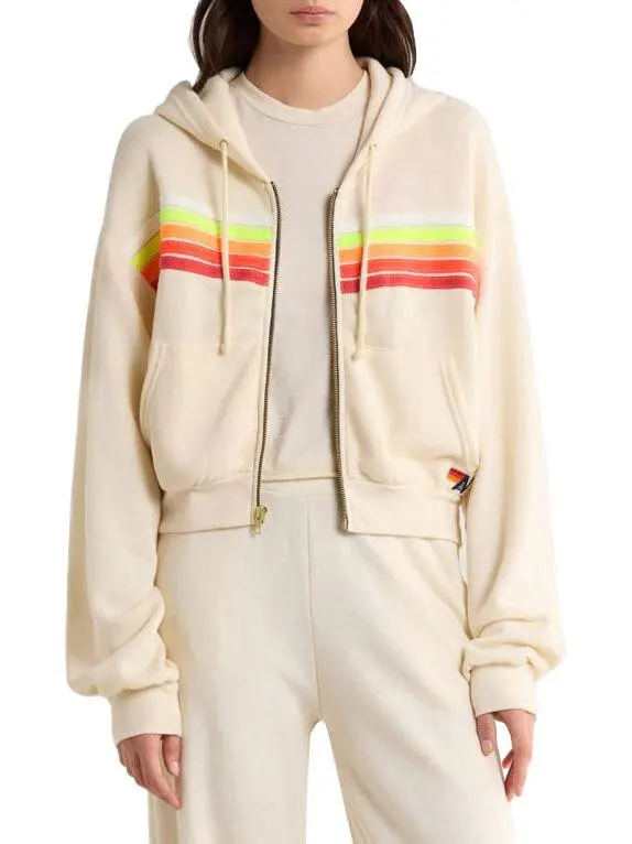 Aviator Nation 5-stripe Zip Hoodie - Vintage White/white Neon