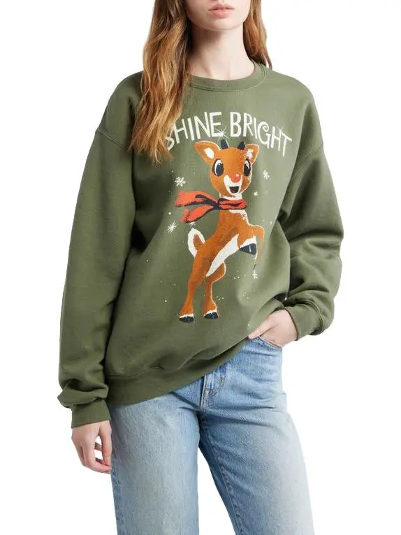 Junk Food Rudolph Shine Bright Crewneck Sweatshirt - Military Green