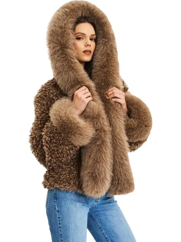 MISS CIRCLE Faux Shearling Fur Jumbo Kali Hooded Coat - Brown