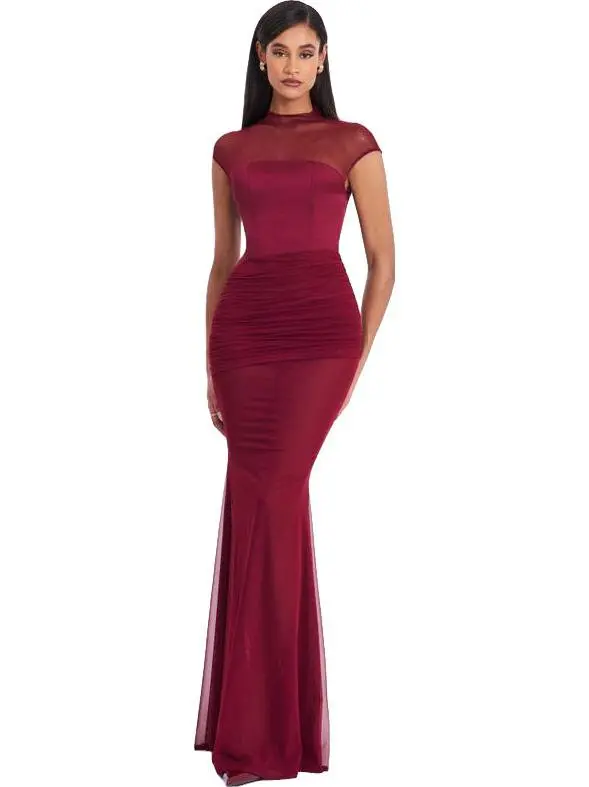 MISS CIRCLE Mesh Cap Sleeve Mermaid Gown - Burgundy