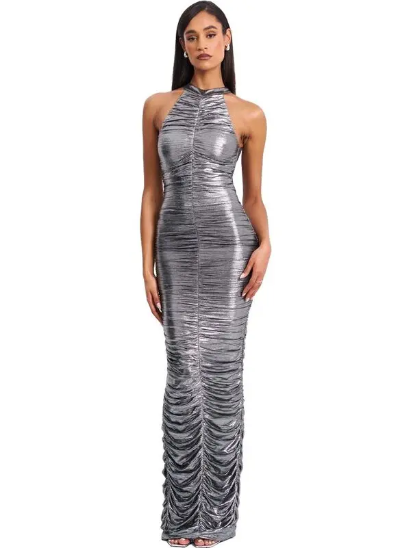 MISS CIRCLE NEW YORK Abril Ruched Glitter Backless Gown - Silver