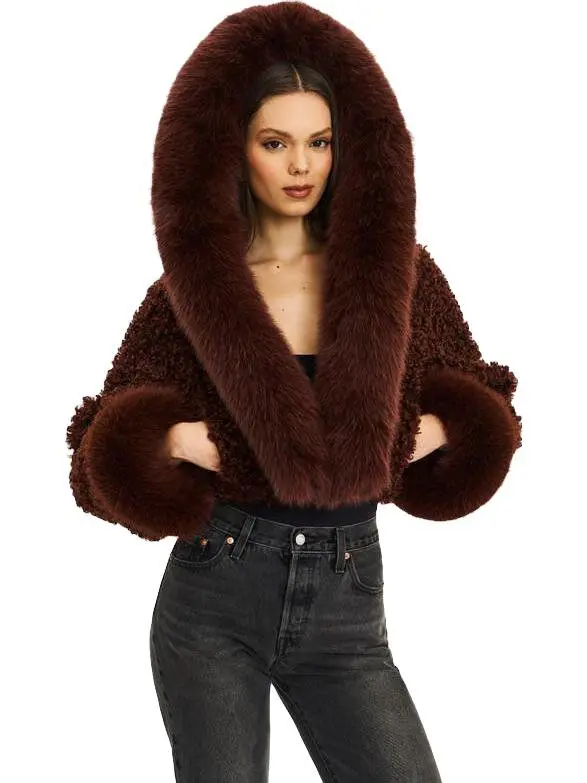 MISS CIRCLE Cropped Vegan Shearling Fur Hooded Jacket - Mahogany