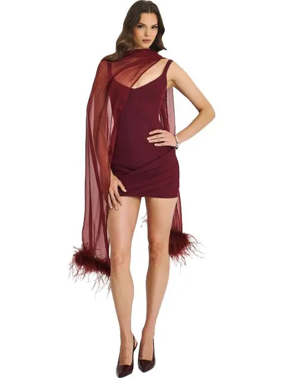 MISS CIRCLE Pleated Mini Dress With Chiffon Scarf - Wine