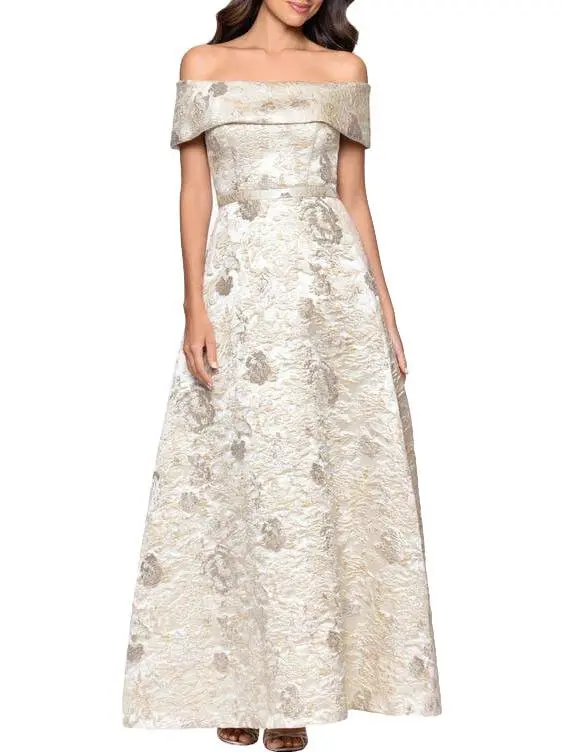 XSCAPE EVENINGS Metallic Floral Brocade Off-the-shoulder Gown - Champagne