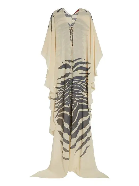 CONNER IVES Hand-painted Zebra Print Long Sleeve Silk Chiffon Caftan - Pebble
