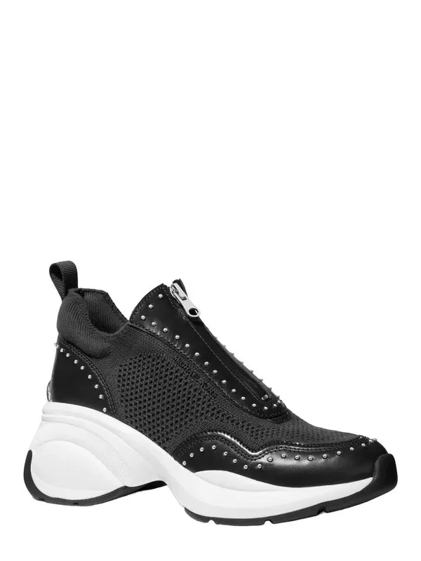 Michael Kors Zuma Studded Mixed-media Zip-up Trainers - Black