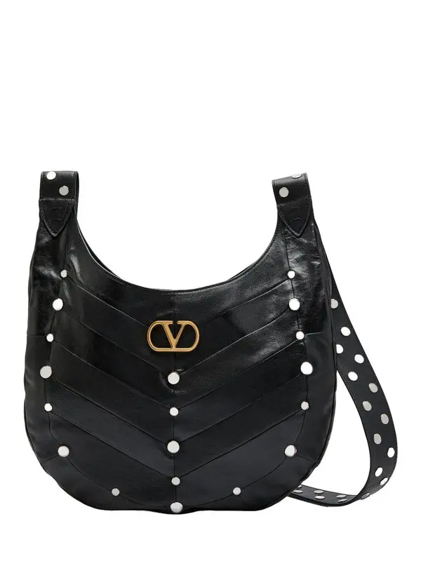 Valentino Garavani Logo-plaque Studded Chevron Leather Hobo Bag - Black