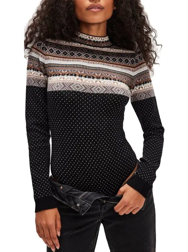 Free People Fair Isle Long Sleeve Bodysuit - Black Ivory Combo