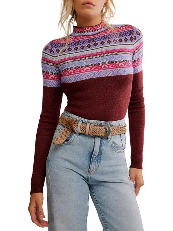 Free People Fair Isle Long Sleeve Bodysuit - Maple Combo