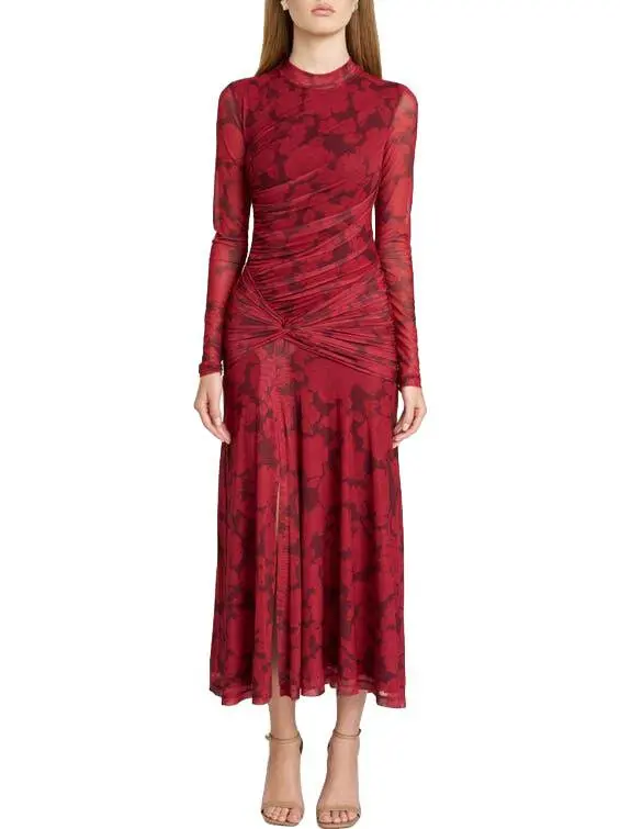 WAYF Floral Ruched Long Sleeve Mesh Dress - Scarlet Roses