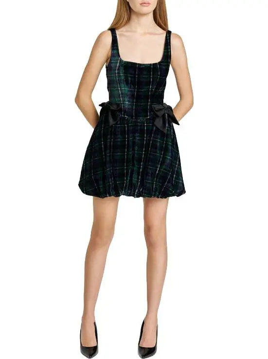 WAYF Brielle Bubble Hem Velvet Minidress - Blue-green Plaid
