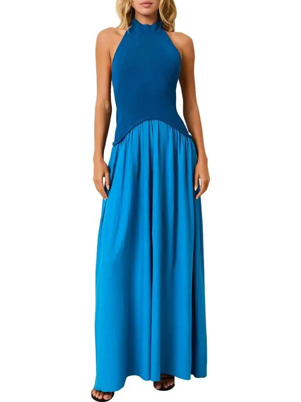 Solid & Striped The Soglio Halter Mixed Media Maxi Dress - Cosmic Blue