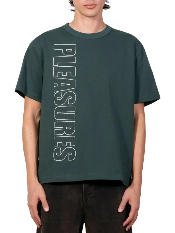 PLEASURES Outline Embroidered Logo Heavyweight Cotton T-shirt - Forest Green