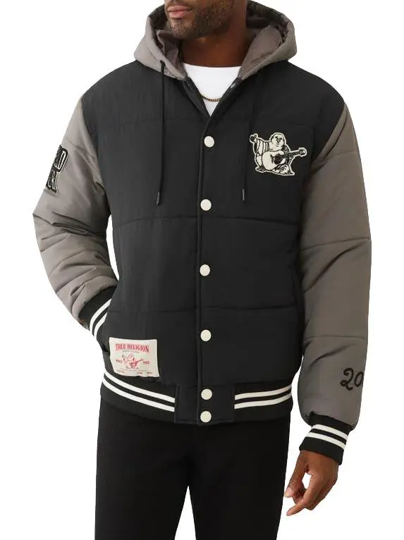 True Religion Varsity Hooded Puffer Jacket - Jet Black/granite Grey