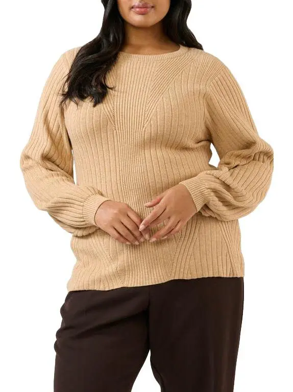 ESTELLE Remi Blouson Sleeve Mixed Rib Sweater - Beige