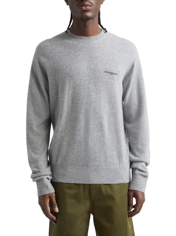 Givenchy Logo Embroidered Wool & Cashmere Crewneck Sweater - Light Grey Melange
