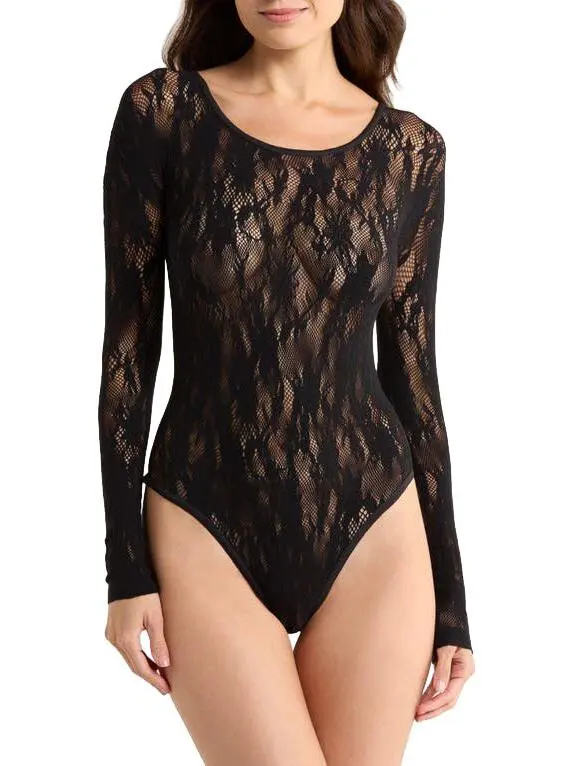 MEMOI Floral Long Sleeve Seamless Bodysuit - Black