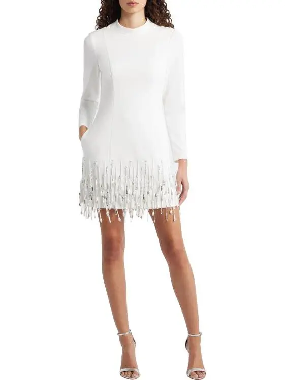 Eliza J Sequin Tassel Long Sleeve Cocktail Dress - Ivory
