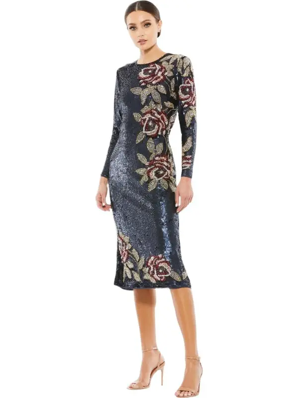 Mac Duggal Sequined Asymmetrical Floral Long Sleeve Midi Dress - Blue