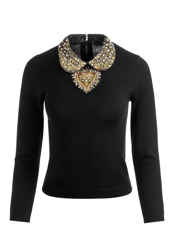 Alice + Olivia Embellished Collared Pullover - Black
