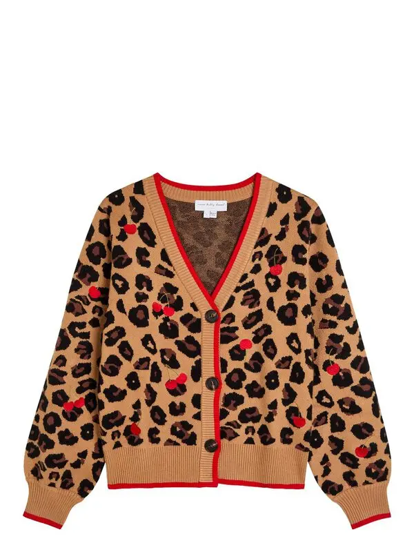 NEVER FULLY DRESSED Cherry Embroidered Knit Cardigan - Leopard