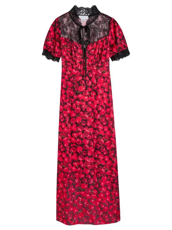 NEVER FULLY DRESSED Lyla Cherry-print Lace And Satin Midi Dress - Black Red
