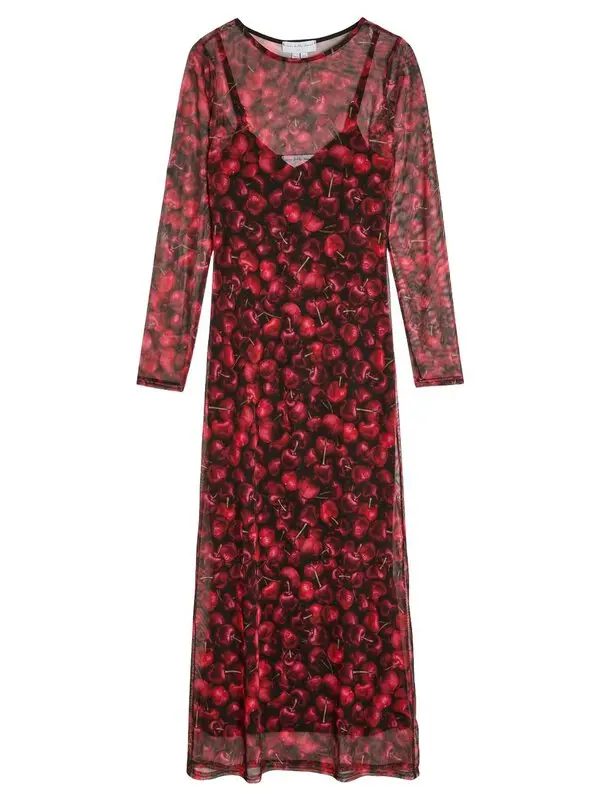NEVER FULLY DRESSED Soho Cherry-print Mesh Midi Dress - Black Red