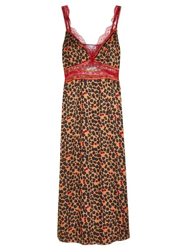 NEVER FULLY DRESSED Cherry And -print Satin Midi Dress - Leopard