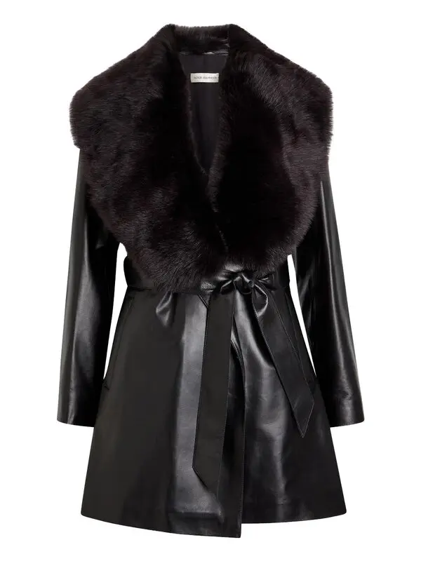 Nour Hammour Fur-trimmed Belted Leather Jacket - Black