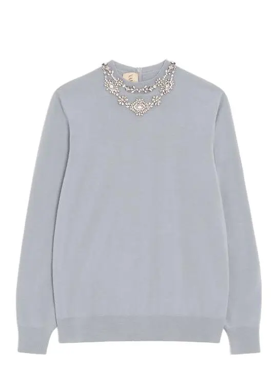 Valentino Garavani Wool Jumper With Embroidered Rhinestone Bow - Grey