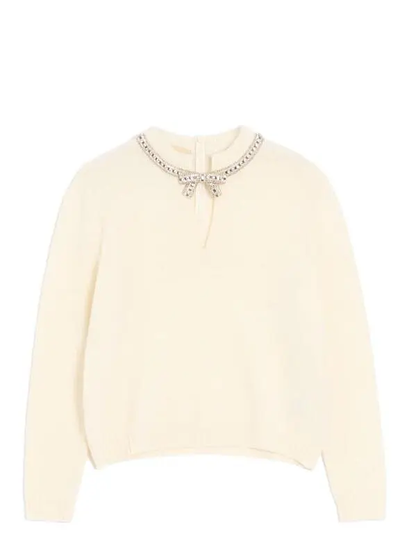 Valentino Garavani Wool Jumper With Embroidered Rhinestone Bow - Ivory