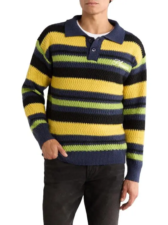 PLEASURES Cooper Stripe Long Sleeve Polo Sweater - Yellow