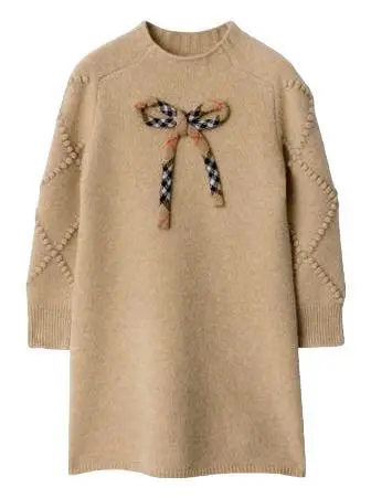 Burberry Check Bow Wool Cashmere Dress - Oatmeal Melange